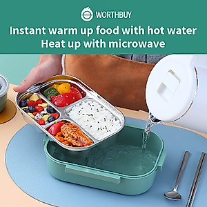 ArderLive 316 Stainless Steel Bento Lunch Box with Utennsil & Bag - 3 Compartment 25oz Compact Lunch Containers for Adults, BPA-Free, Dishwasher Freezer Safe, Food-Safe, Green