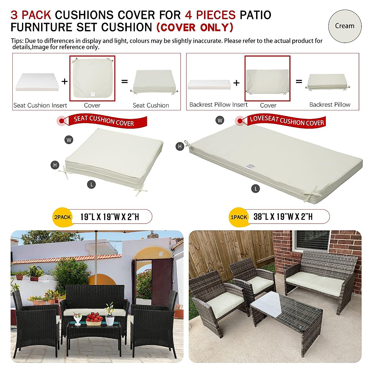 ClawsCover 3Pack Outdoor Seat Cushions Replacement Covers Fit for 4 Pieces Wicker Rattan Furniture Patio Conversation Set Loveseat Chair,38x19x2,19x19x2,Cream-Large (Include Cover Only)