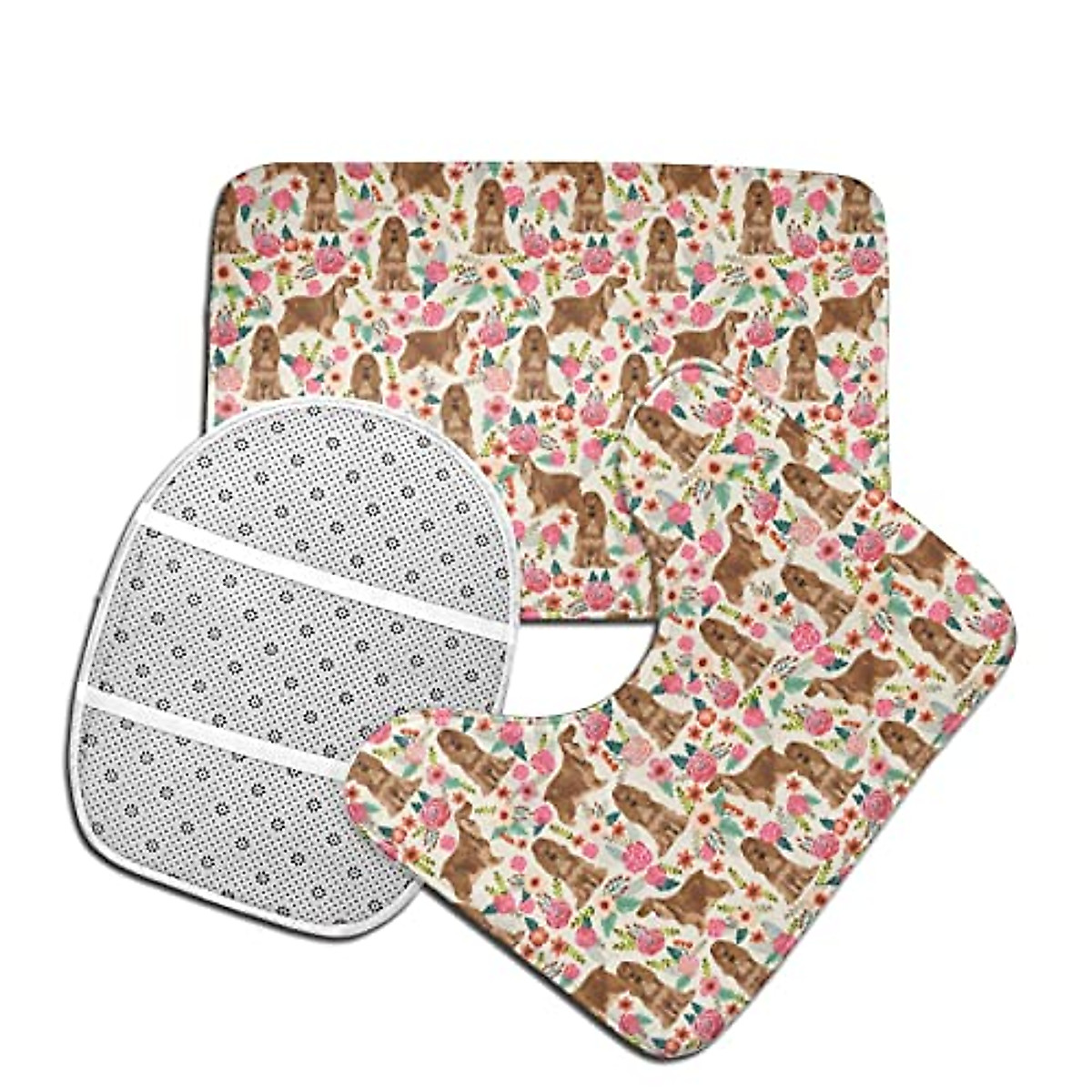 Cute Cocker Spaniel Dog Flower Floral 3D Print Bath Mat for Bathroom Rugs Sets 3 Piece，U-Shaped Contour Shower Mat Non Slip Absorbent ,Flannel Fabric Toilet Lid Cover Washable ,Doormat Antiskid Pad
