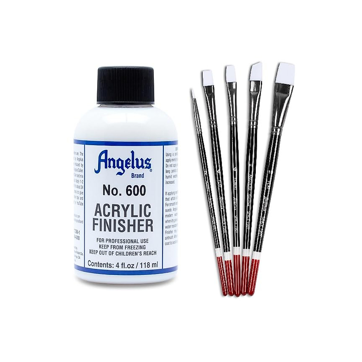 Angelus Acrylic Leather Paint Finisher No. 600-4oz and 5 Piece Paint Brush Set Combo Bundle