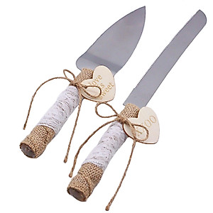 SWTOOL Wedding Cake Knife and Server Set Rustic Style Stainless Steel Cake Cutter Set with Twine Lace and Wood Tag Gifts for Bride and Groom Wedding Anniversaries Parties