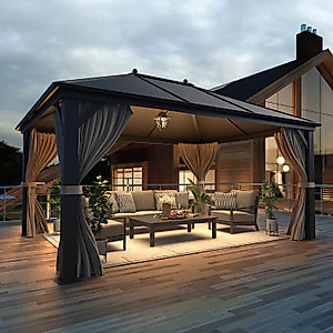 EROMMY 10'x13' Hardtop Gazebo Galvanized Steel Outdoor Aluminum Single Roof Canopy with Netting and Shaded Curtains Permanent Metal Pavilion for Patio, Backyard and Deck