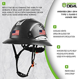 GREEN DEVIL Full Brim Hard Hat Vented Construction Safety Helmet OSHA Approved Cascos De Construccion Work Hardhat for Men&Women 6 Point Adjustable Ratchet Suspension Custom Pattern Design