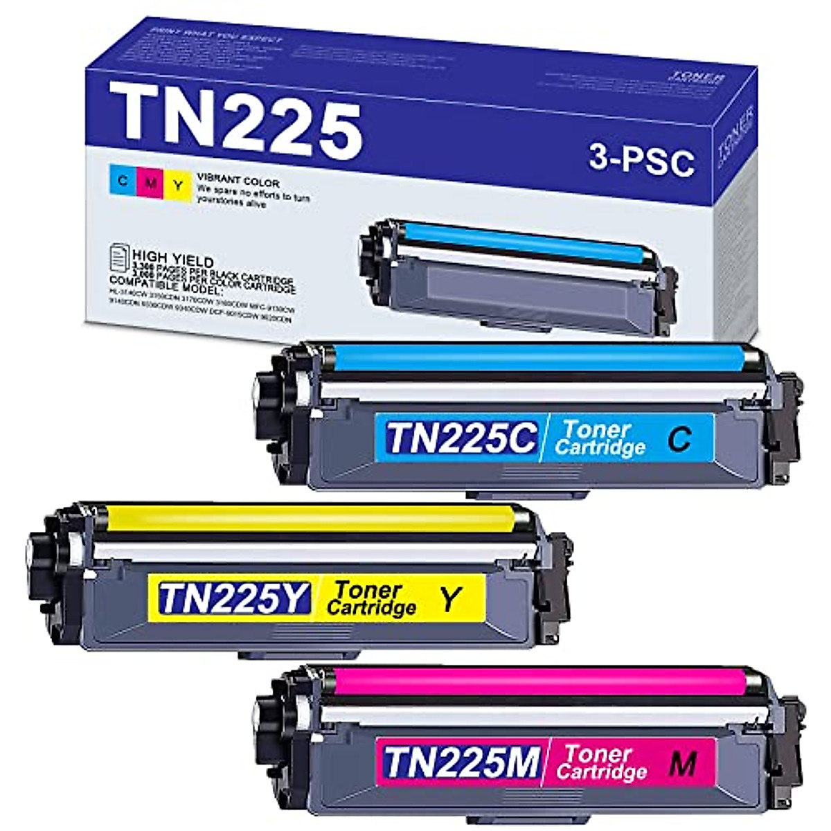 TN2253PK: High Yield Color Toner Cartridge Set Replacement for Brother TN225C TN225M TN225Y Compatible with HL-3140CW 3150CDN 3170CDW 3180CDW MFC-9130CW Printer Cartridge (1C/1M/1Y, 3-Pack)
