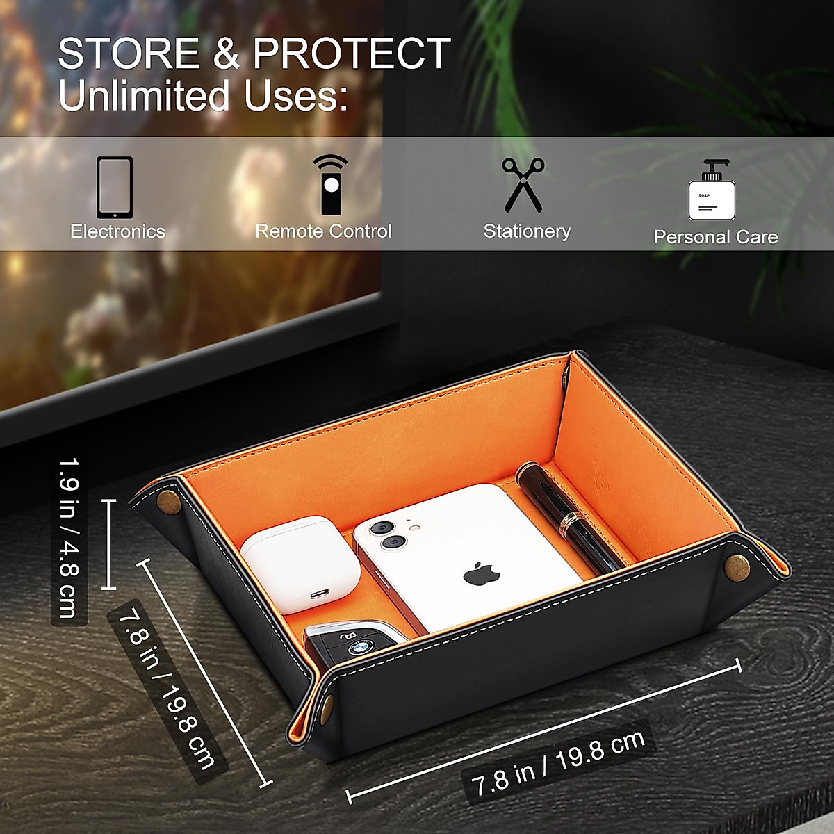 SITHON Valet Tray Desktop Storage Organizer – Premium PU Leather Catchall Bedside Vanity Tray Nightstand Caddy Holder for Remote Controller, Keys, Phone, Wallet, Coin, Jewelry (Orange)