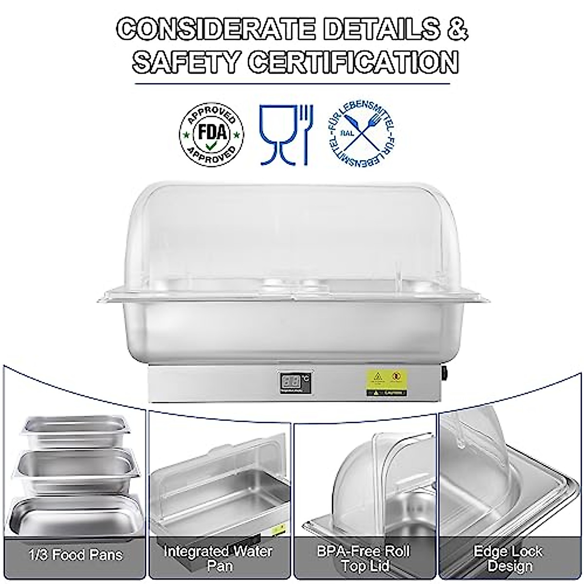 THXSUN 700W Electric Chafing Dish, 3 x 3QT Stainless Steel Chafing Dish Buffet Set with Rotary Knob to Adjust Temp 0°C~100°C, Buffet Servers and Warmers with Roll Top & Temp Display for Catering Party