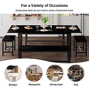 Feonase 5-Piece Dining Table Set for 4-8 People, 63" Large Extendable Kitchen Table Set with 2 Benches and 2 Square Stools, Dining Room Table with MDF Wood Board, Easy Assembly, Black