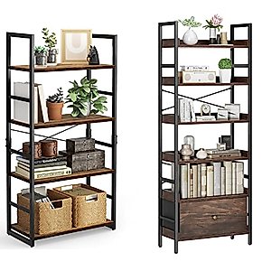 Pipishell Bookshelf, 6-Tier Bookcase with Storage Drawer, Tall Bookshelf Storage Rack with Metal Frame & Wood Grain Finish, Industrial Bookshelf for Living Room, Bedroom, and Home Office, PIBS02WN