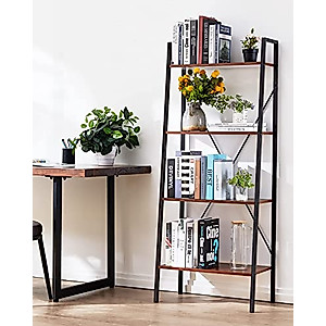 FURNINXS Ladder Shelf Bookcase, Bookshelf 4 Tier, Industrial Standing Shelf Storage Rack Storage Organizer Plant Stand, Steel Frame Book Shelf for Living Room/Bedroom/Kitchen/Bathroom - Red Brown