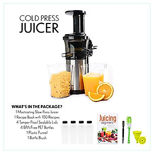 Cold Press Masticating Juicer With 16 oz Plastic Juice Bottles With Black Caps And Juicing Recipe Book, Includes Funnel And Brush