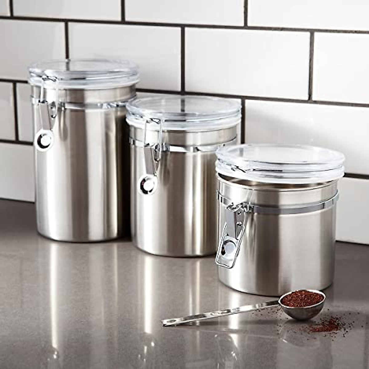 5pc Stainless Steel Canister Set with Clear Acrylic Lids & Clamp Airtight Durable & Stackable Food Storage Container for Kitchen Counter & Pantry, Tea, Sugar, Coffee, Flour, Rice, Pasta, Spices, Herbs