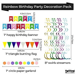 PatiCool Happy Birthday Party Decorations Pack with Rainbow Happy Birthday Banner, Honeycomb Balls, Circle Dot Garland, Paper Bunting Banner, Paper Fans and Hanging Swirls Streamers