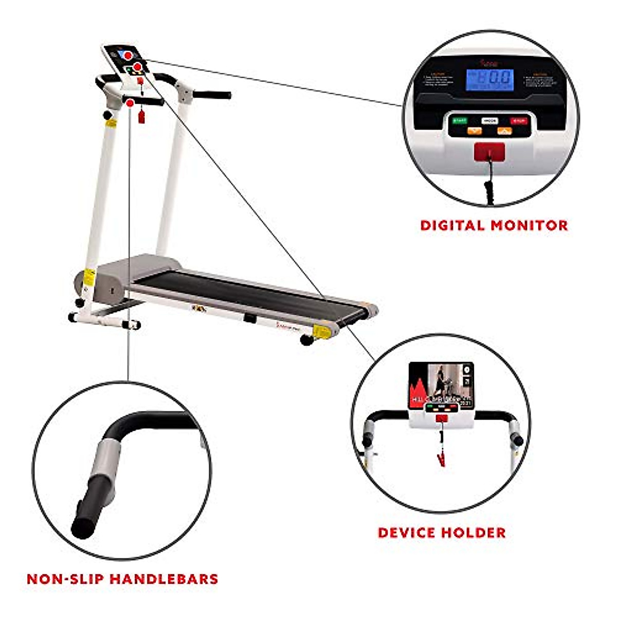 Sunny Health & Fitness SF-T7610 Electric Walking Folding Treadmill with LCD Display and Device Holder, 220 LB Max Weight, White