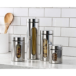 Quality 4pc Stainless Steel Canister Set for Kitchen Counter with Glass Window & Airtight Lids, Food Storage Containers, Pantry Storage & Organization Set for Coffee, Flour, Pasta, Rice, Spices, Herbs