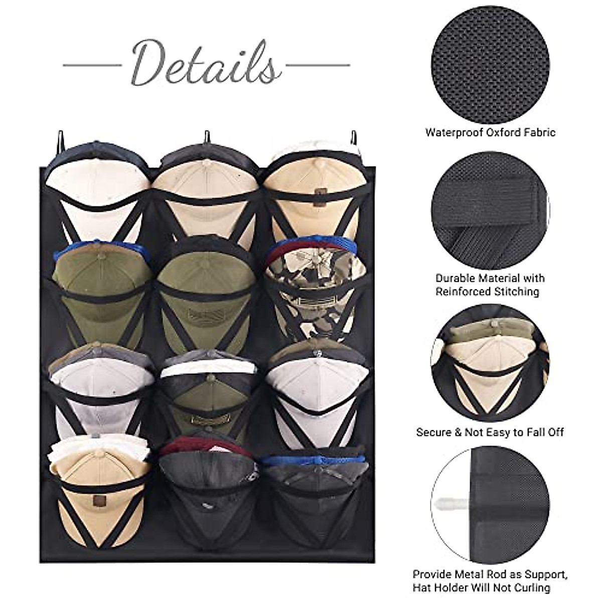 Mkono Hat Organizer Rack Closet Hanging Cap Keeper Hanger with 16 Hooks and Over-The-Door Hat Organizer with 12 Anti-Drop Pockets