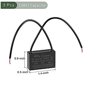 YOKIVE 3Pcs Ceiling Fan Capacitor CBB61, Metallized Polypropylene Film Capacitor Great for Fans Pumps Motors Running (0.8uF 250V AC 2 Wires 50/60Hz)
