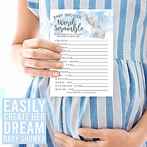 Hadley Designs Blue Elephant Baby Shower Games for Boys - 2 Games Double Sided, 25 Word Scramble for Baby Shower Ideas, 25 True Or False Baby Shower Game, Fun Baby Shower Games, Party Supplies