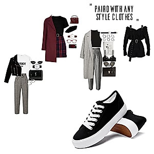 Women's White Platform Sneakers Black Platform Tennis Shoes Casual Lace up Fashion Sneakers Canvas Walking Flat Shoes (Black,US8)