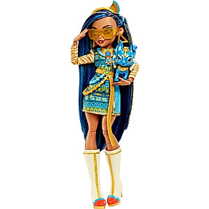 Monster High Doll, Cleo De Nile with Blue Streaked Hair in Signature Look with Fashion Accessories & Pet Dog Tut