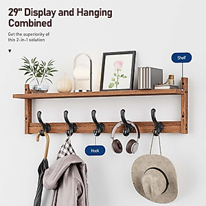 Tatub 29'' Coat Rack Wall Mount with Shelf, Wood Wall Hooks with Storage, Entryway Shelf with 5 Hangers for Bathroom, Living Room, Bedroom, Rustic Brown