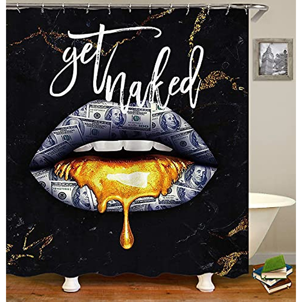 Camille&Andrew 4PCS/Set Luxury Black Gold Marble Texture Get Naked Shower Curtain, Cracked Lines Gold Paint Sexy Lips Funny Quotes Cool Modern Bathroom Decor, Non-Slip Bath Rugs, Hundred Dollar Bills
