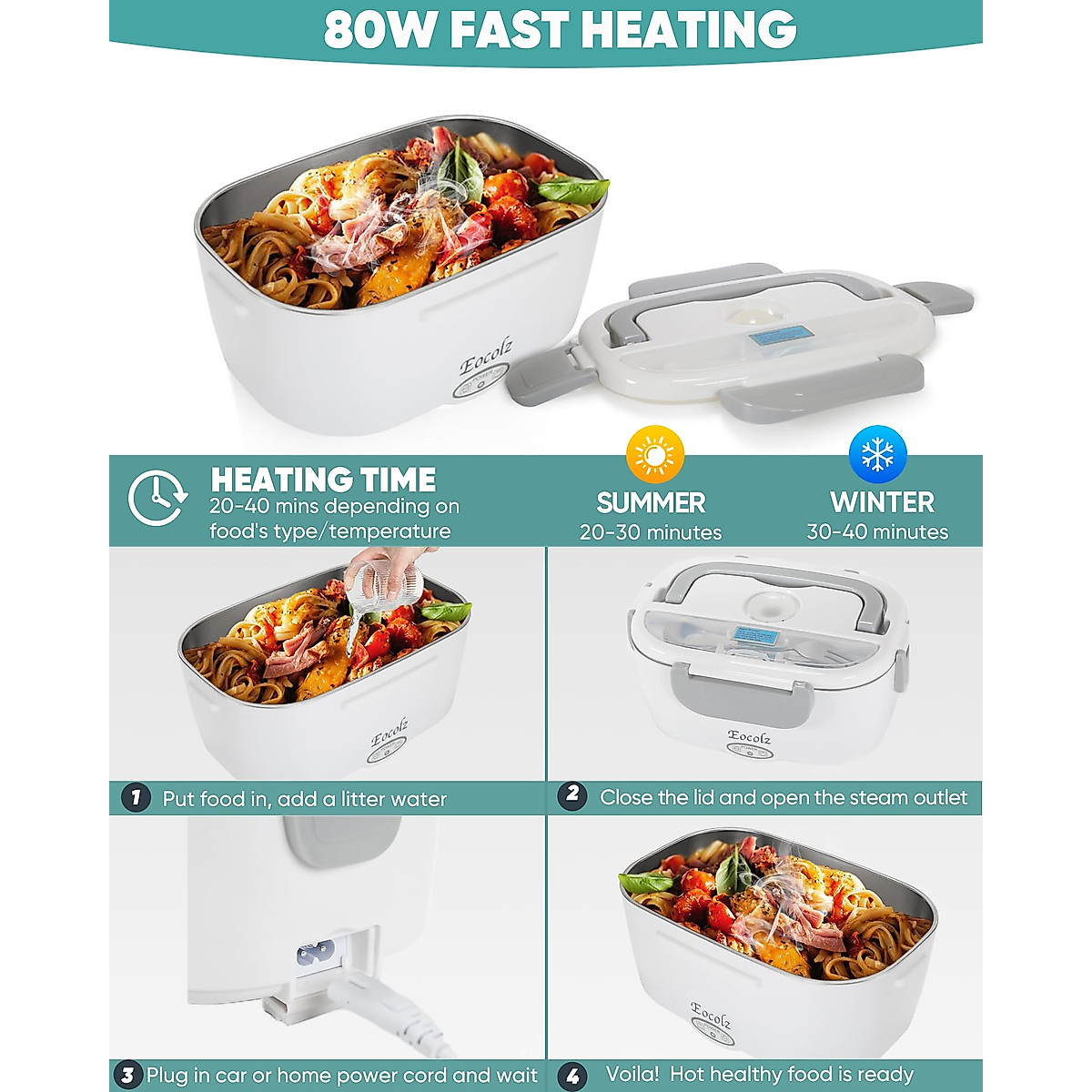 Eocolz Electric Lunch Box Food Heater Warmer 60W, 2 in 1 Portable Lunch Box for Car Truck Home Work Leak Proof with 1.5L Removable 304 Stainless Steel Container & Spoon 2 Compartments 110V 12V 24V