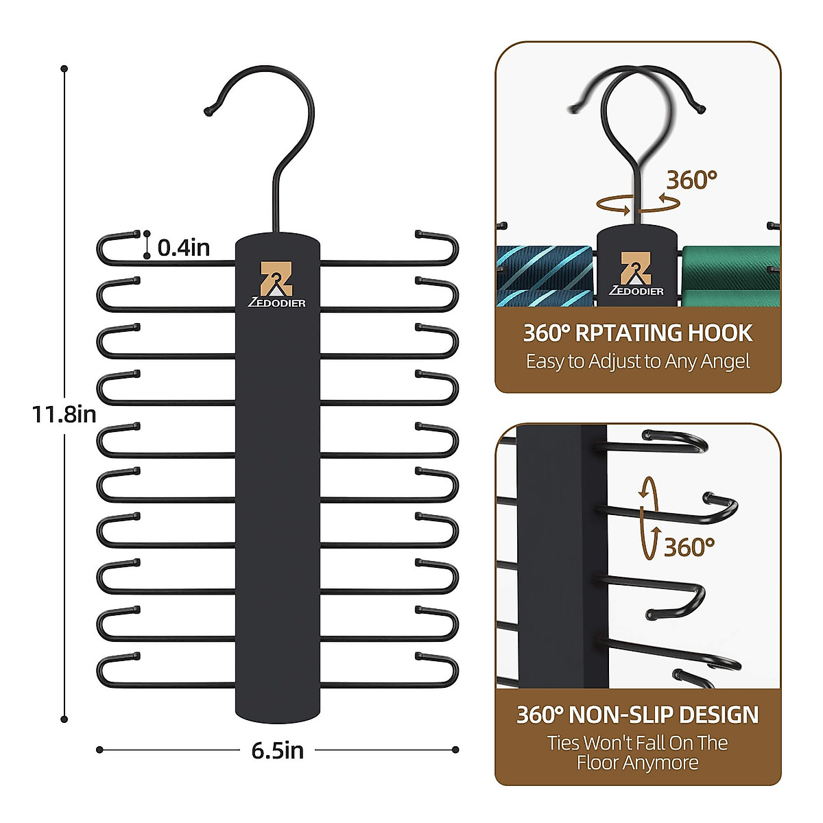 ZEDODIER 2 Pack Tie Hanger with 40 Hooks, Space Saving Necktie Organizer for Men, Large Capacity Tie and Belt Wooden Hanger for Closet, Black