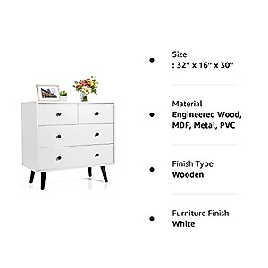 Tangkula 4 Drawer Dresser, Wooden Chest of Drawers, Freestanding Storage Cabinet with Legs & Metal Handles, Modern Storage Drawer for Bedroom, Living Room, Cloakroom, Nursery Room (White)