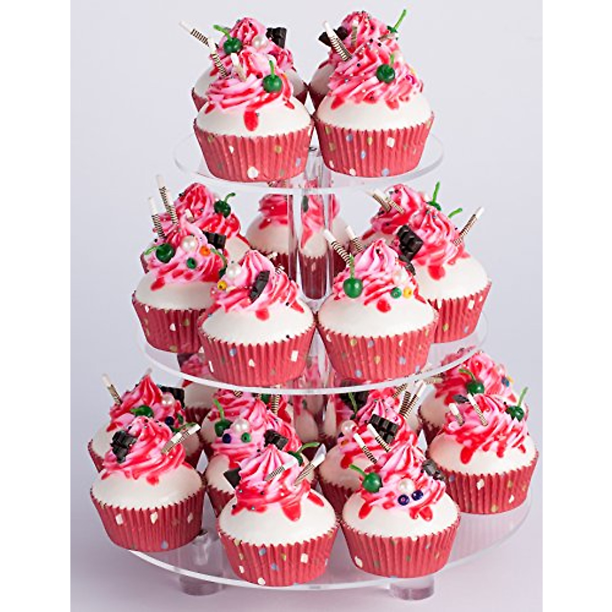 YestBuy 3 Tier Round Cupcake Stand with Base, Acrylic Cake Stand, Cupcake Tower Stand, Premium Cupcake Holder for 28 Cupcakes, Display for Pastry Wedding Birthday Party (4" Between 2 Layers)