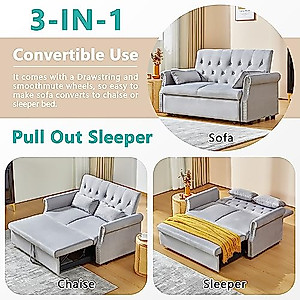 NOSGA Double Sofa Bed, 53.14" Pull Out Sofa Bed Velvet Convertible Sleeper Sofa Bed Velvet Sleeper Sofa Bed with 2 Pillows Adjustable Backrest Modern Adjustable Bed Lounge Chaise, Grey-1