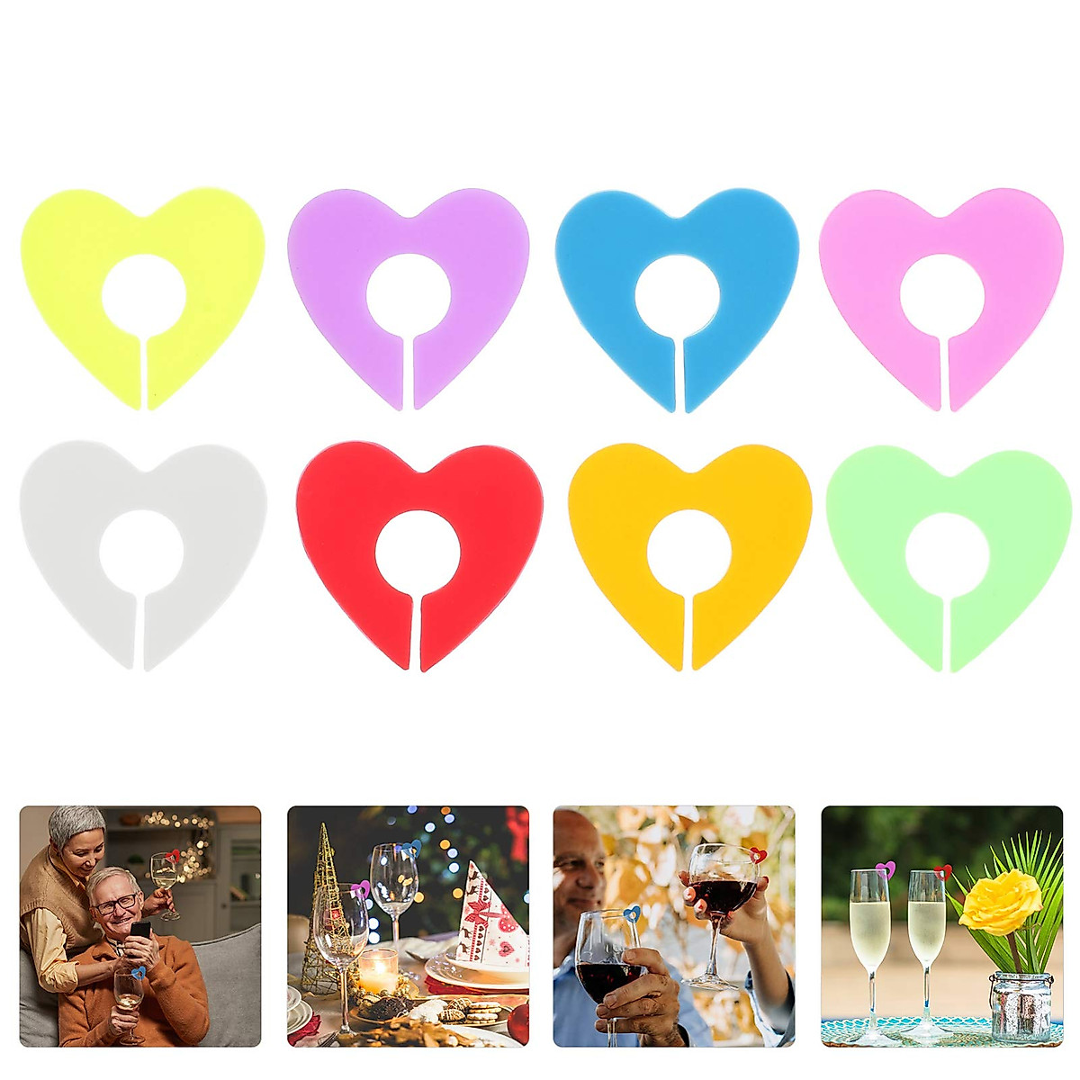 KICHOUSE 2 Sets 16 Pcs Wine Glass Marker Wedding Decoration Wine Bottle Labels Portable Cup Heart Shaped Ring Cup Recognizer Cup Silicone Labels Wine Glass Identifiers Drink Markers Hawaii