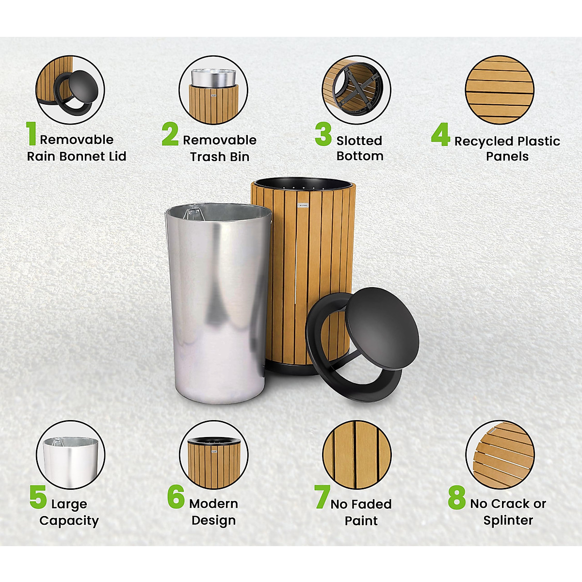 Alpine 32 Gallon Commercial Outdoor Trash Can - Heavy Duty Garbage Can Outdoor, Industrial Trash Can with Plastic Panels for Patio, Parks, Trails & Resorts (Rain Bonnet Lid - Cedar)