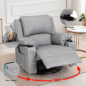 KCREAM Swivel Recliner Chairs with Massage and Heat,Leather Recliner Chairs Sofa Rocker Chair with Side Pocket Manual Reclining Chair Rocking Recliner with Drink Holders for Living Room,Grey