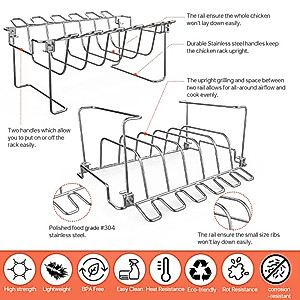 3 in 1 Extra Large Rectangle Rib Rack&Chicken Leg Rack with Brush, Stainlesss Steel Roasting Rack with 2 Handle for Smoker, Oven and Grill, Holds Up to 5 Ribs, Easy to Use&Clean