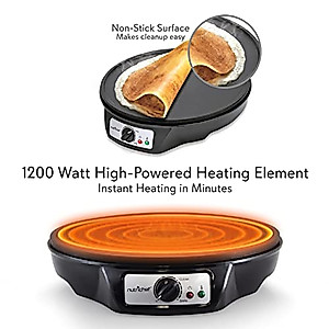 NutriChef Crepe Maker - Cooks Bacon, Roti, Tortillas & Omelets - Easy to Clean Detachable Cooktop - 12 inch Cook Area with Adjustable Temperature - Includes Wooden Spatula & Batter Spreader