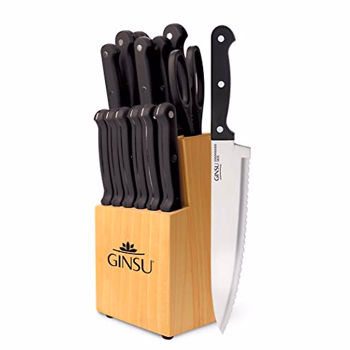 Ginsu Kiso 14-Piece Black Knife Set with Natural Block - Dishwasher Safe and Always Sharp