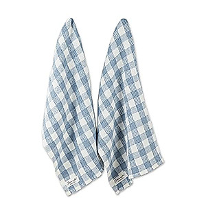 DII Washed Waffle Weave Collection, Dishtowel Set, 18x28, Dusty Blue Check, 2 Piece