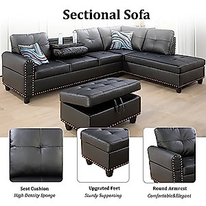 GEBADOL Living Room Furniture Sets,Small Leather Sectional Sofa,L Shaped Couch with Cup Holder and Ottoman(Right-Facing,Black Leather Sofa)