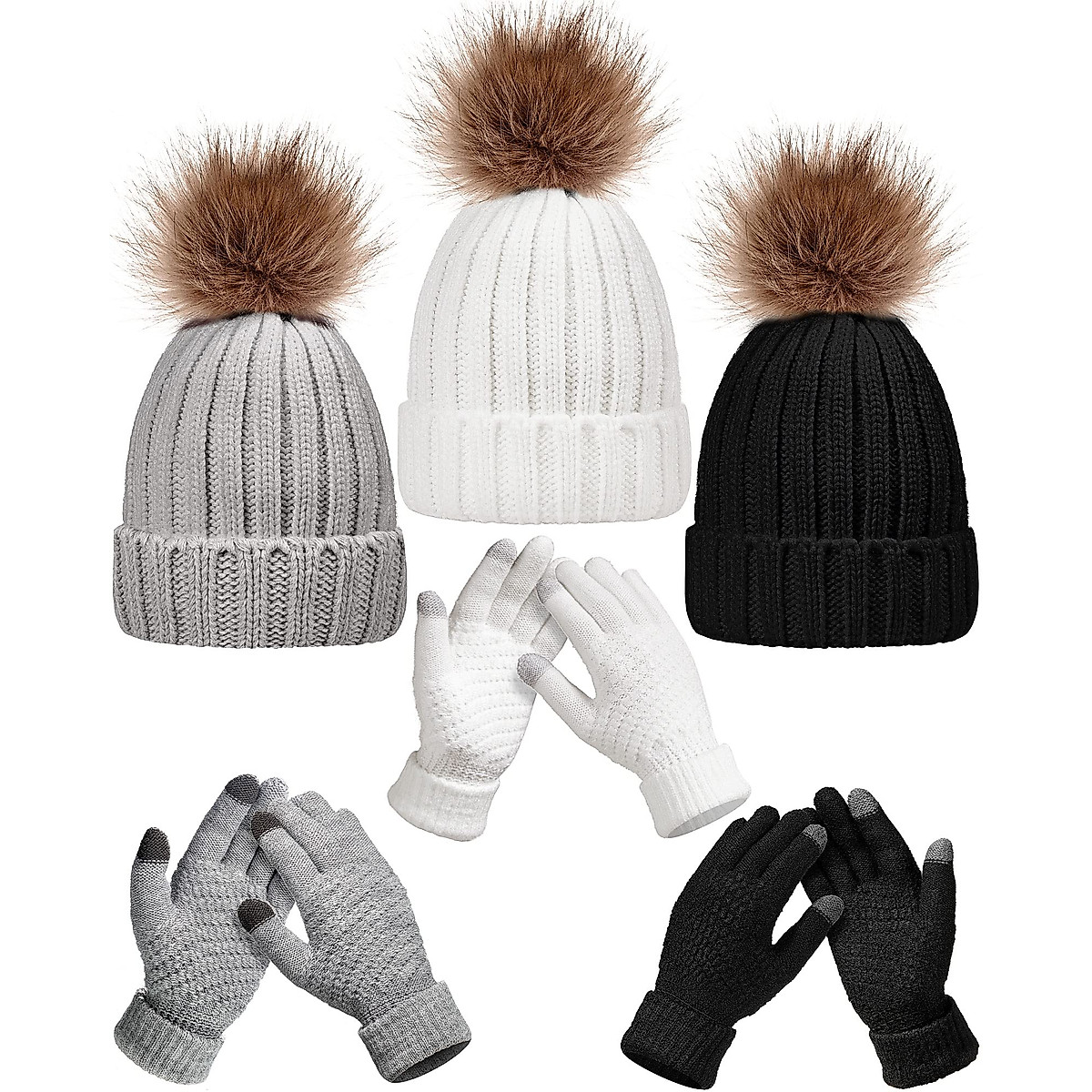 6 Pieces Women Knitted Winter Hat Glove Set Skull Cap Beanie Touchscreen Gloves Texting Gloves for Women (Black, White, Grey)