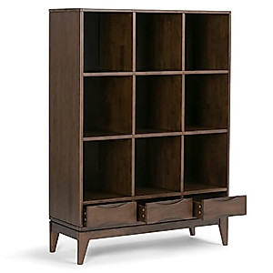 SIMPLIHOME Harper SOLID HARDWOOD 42 Inch Mid Century Modern Cube Storage Bookcase with Drawers in Walnut Brown, For the Living Room, Study Room and Office