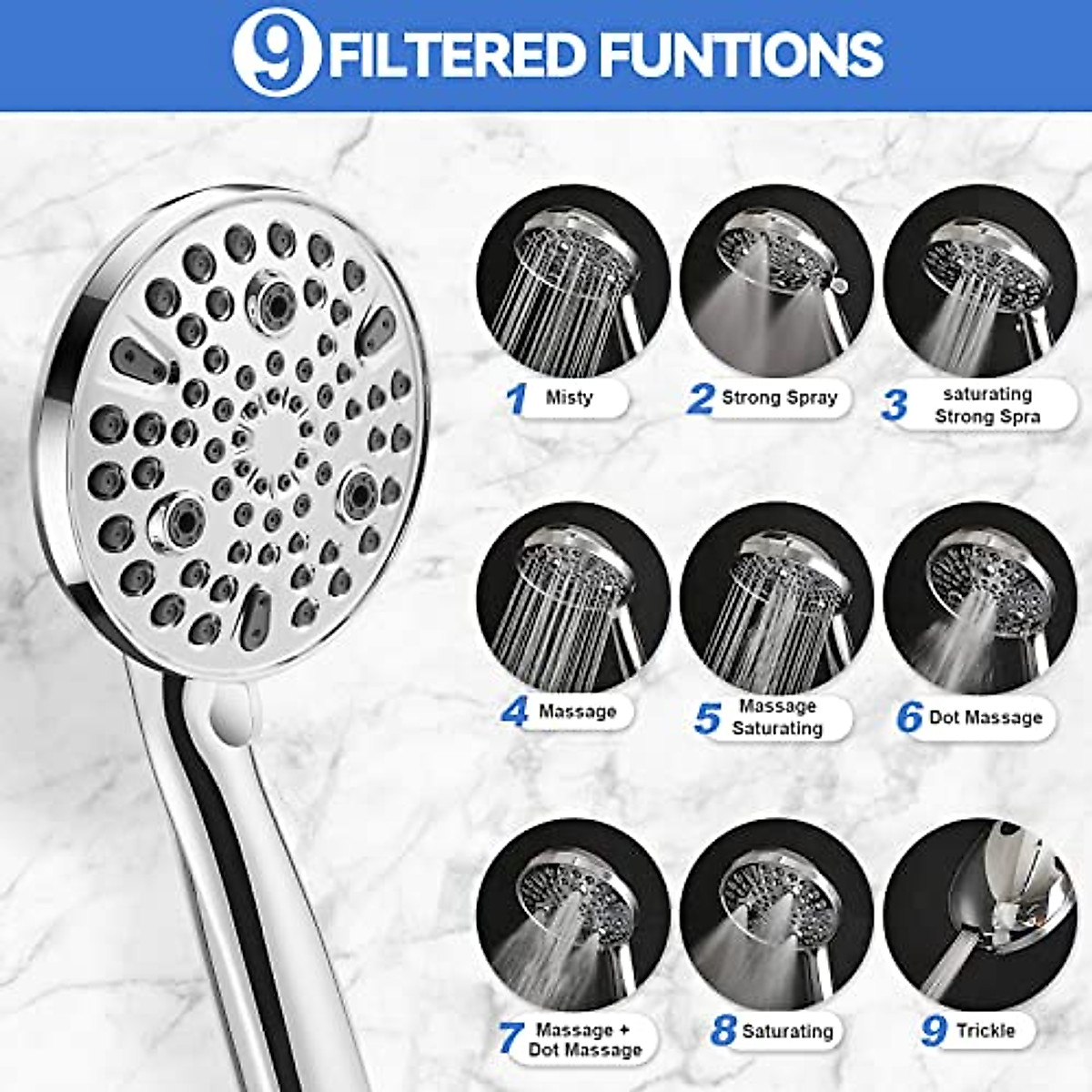 Surpzon Filtered Shower Head with Handheld Combo，Dual 2-in-1 Spa System with Massage and 9 Spray Settings Shower Head，High Pressure ，Buit in Power Wash Mode (Chrome）