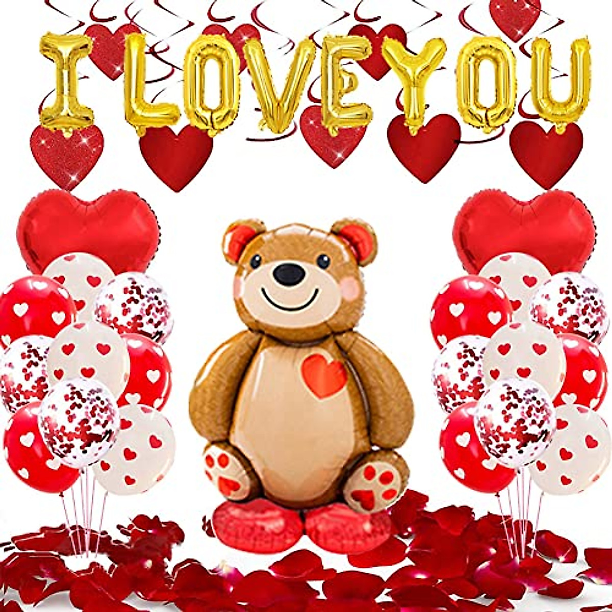 Valentine's Day Party Decorations Anniversary Decorations Valentines Day Hanging Decor Wedding Decorations I Love You Balloon Deep Red Silk Rose Petals Hanging Heart Swirls Love Bear Red Heart Balloon