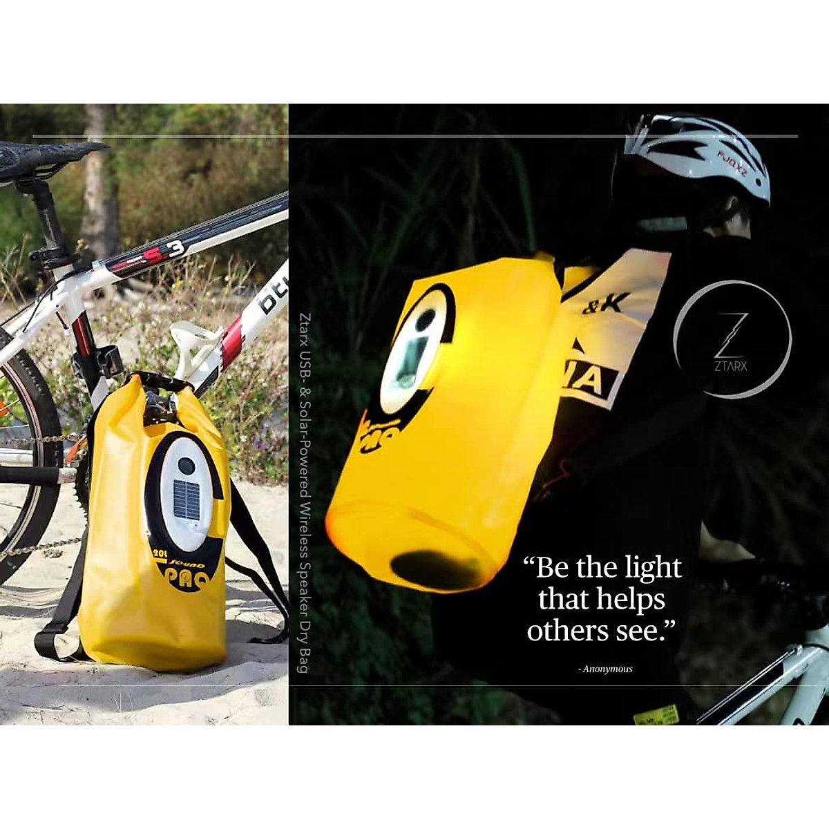 ztarx Waterproof Dry Bag Speaker, Dry Bag Backpack with Bluetooth Speaker Solar Powered and USB Powered 20L Roll Top Dry Sack Keeps Gear Dry for Kayaking, Rafting, Boating,Camping (Yellow-2.1)