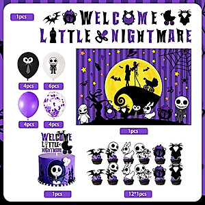 Nightmare Christmas Baby Shower Decorations, Welcome Little Night Before Halloween Birthday Party Decorations Includes Banner, Backdrop, Balloons,Cake Topper and Cupcake Toppers