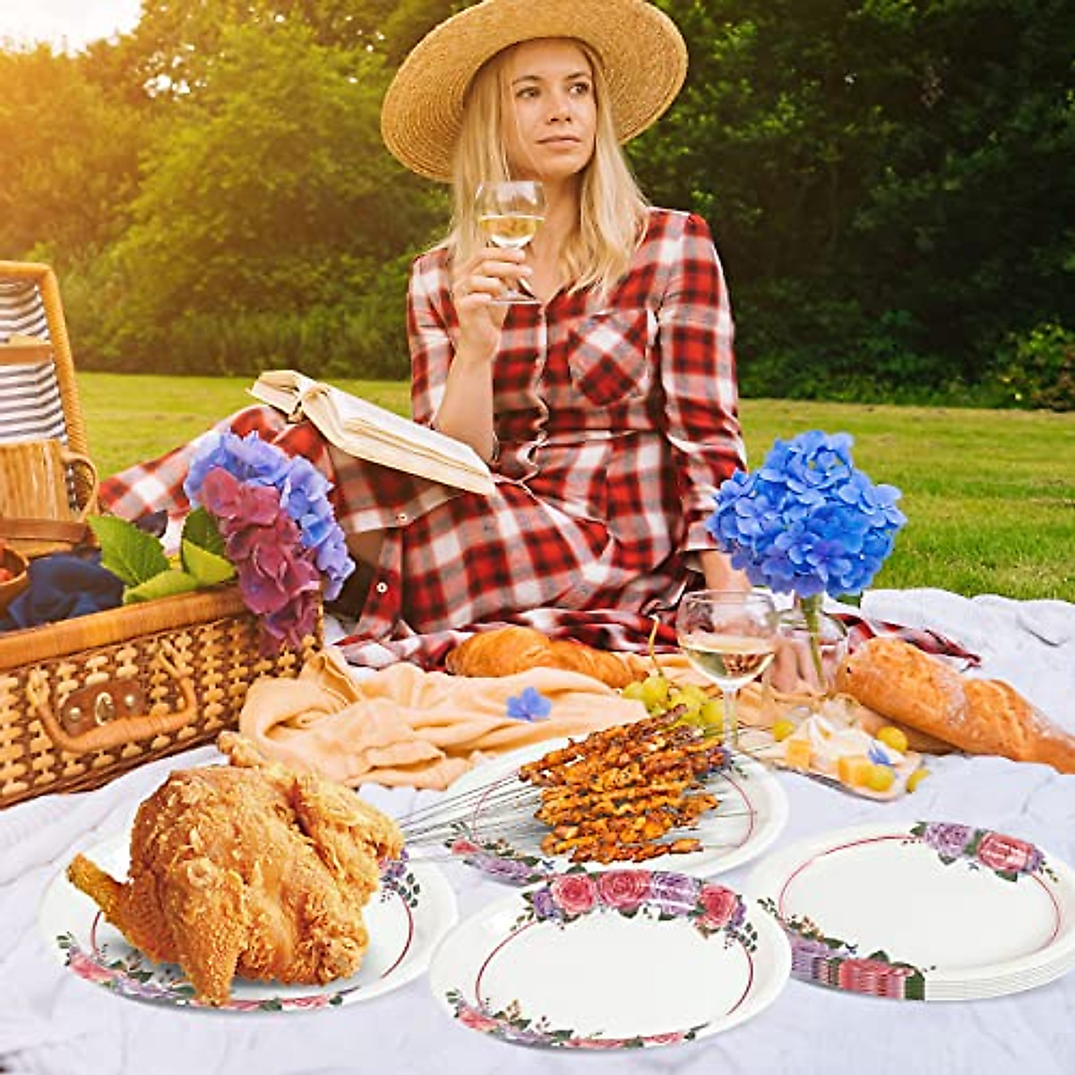 Qyeahkj 50 PCS Floral Oval Paper Plates Large 11” Disposable Pink Purple Flower Party Decorations Floral Supplies Favor for Spring Holiday Wedding Tea Party Tableware Set