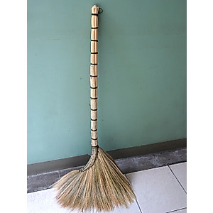 Handmade Asian Thai Broom Thick Natural Grass Brush & Handle Broomstick in Vintage Viet Whisk Straw Design