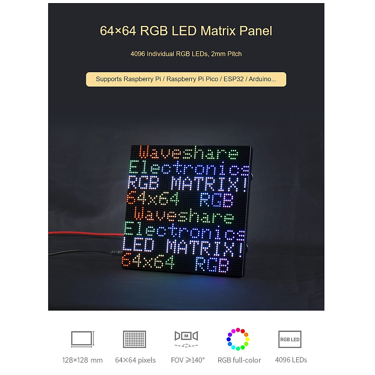RGB Full-Color LED Matrix Panel, 64×64 RGB LED Matrix Panel - 2mm Pitch for for Raspberry Pi 4B+ 4B 3B+ 3B 2B+ Zero W WH 2 W Pico ESP32 Ardui Adjustable Brightness