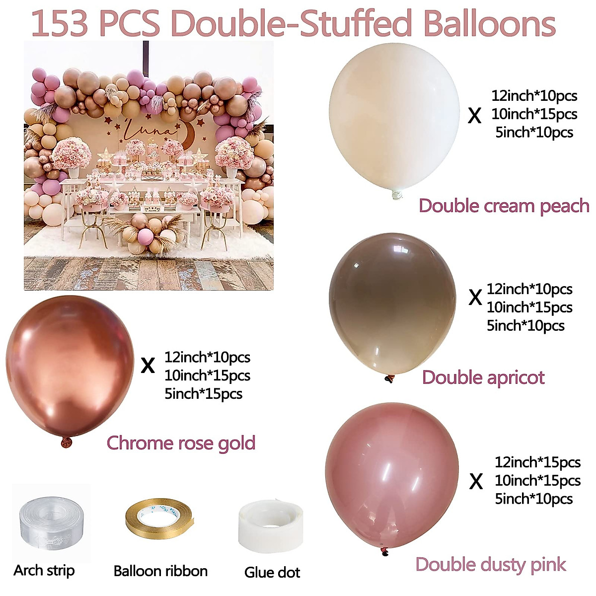Boho Blush Balloon Garland Arch Kit- Double-stuffed Nude Dusty Pink White Rose Gold Metallic Balloons for Birthday Bridal Baby Shower Wedding Party Decorations