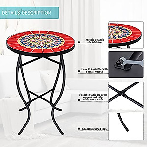 VCUTEKA Mosaic Outdoor Side Table - Small Patio Table Coffee Table Outside Accent Table Round End Plant Table for Bistro Balcony Porch Outdoor Benches 14'' Mosaic Table Red