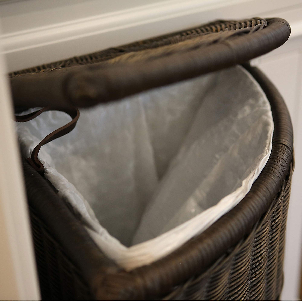 The Basket Lady Corner Wicker Trash Basket with Removable Metal Liner, 15 in L x 15 in W x 26 in H, Antique Walnut Brown